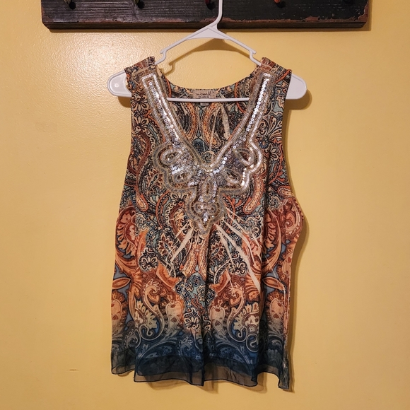 ONE WORLD | Tops | One World Womens Paisley Sequin Sleeveless Blouse ...